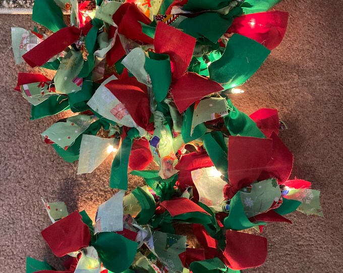 Country Rag Garland 6 Ft W/ 20 Lights on 8 Ft Elec Cord Homespun Fabric ...