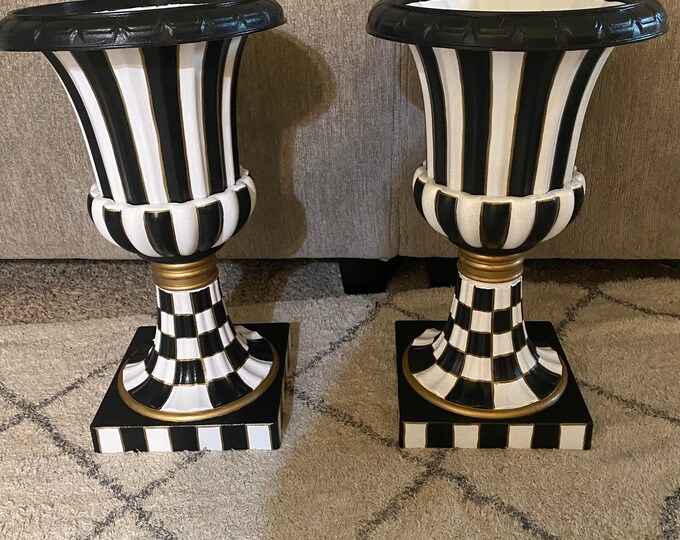 Black and White Checkered Pot Planter, Three Piece Set, Whimsical ...
