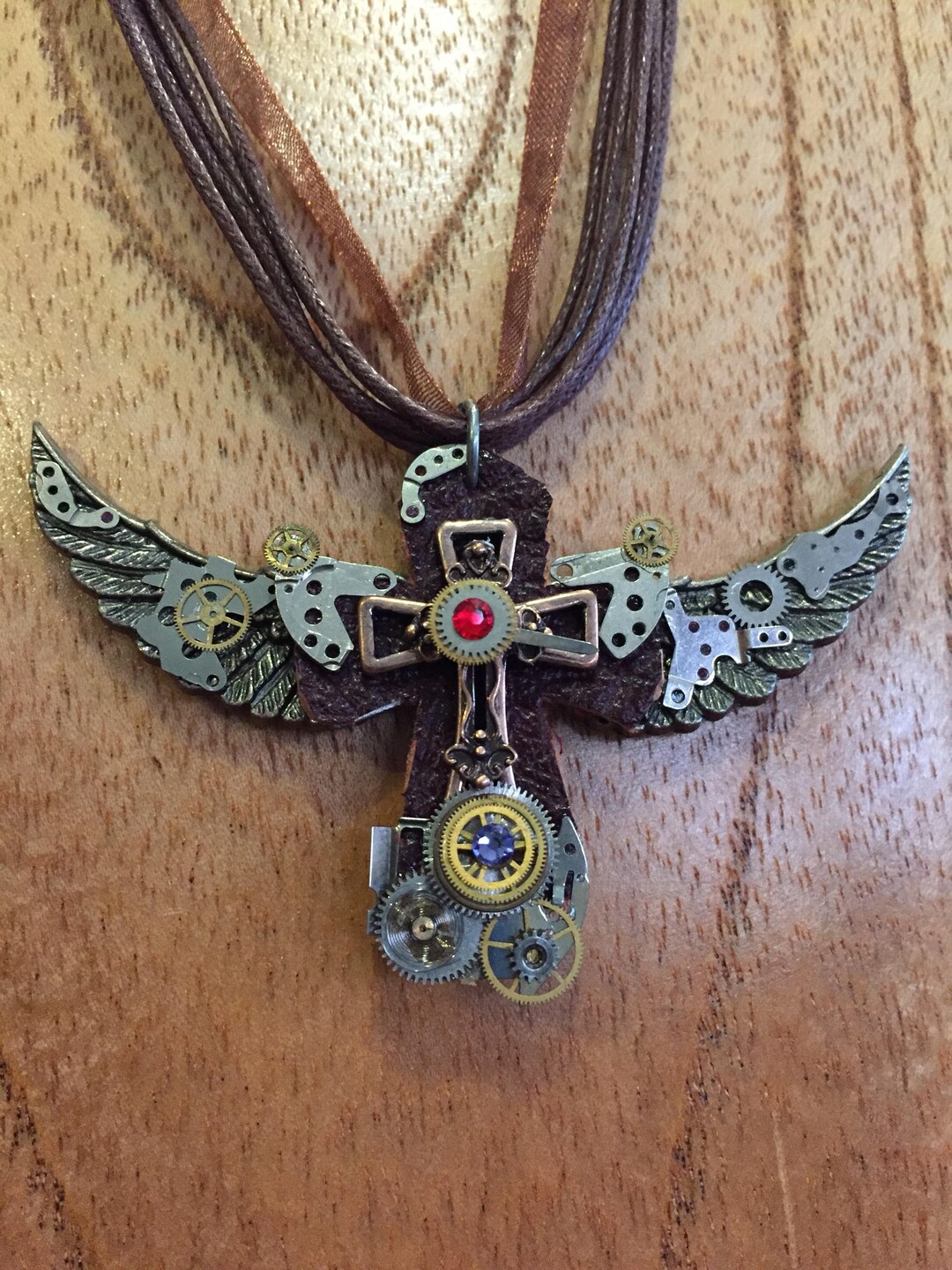 Steampunk Dog Tag Neckless Charm With Gears and Wings Leather and Gears ...