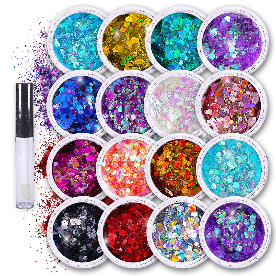 Chunky Holographic Glitter Set: 16 Colors, Body & Face Safe + Glitter ...