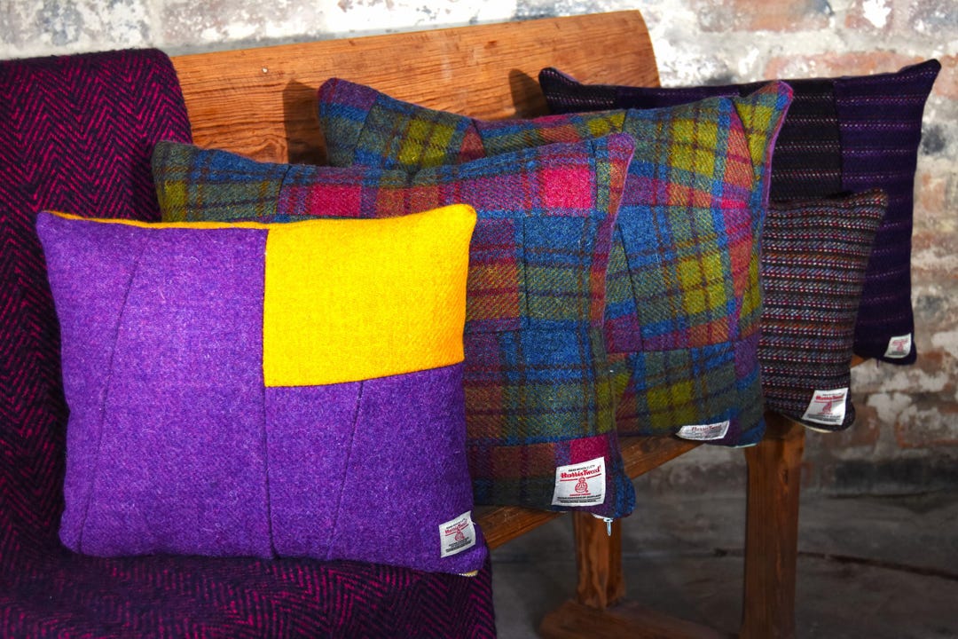 Purple and Yellow Harris Tweed / Bute Fabrics Remnants Cushion - 100% ...