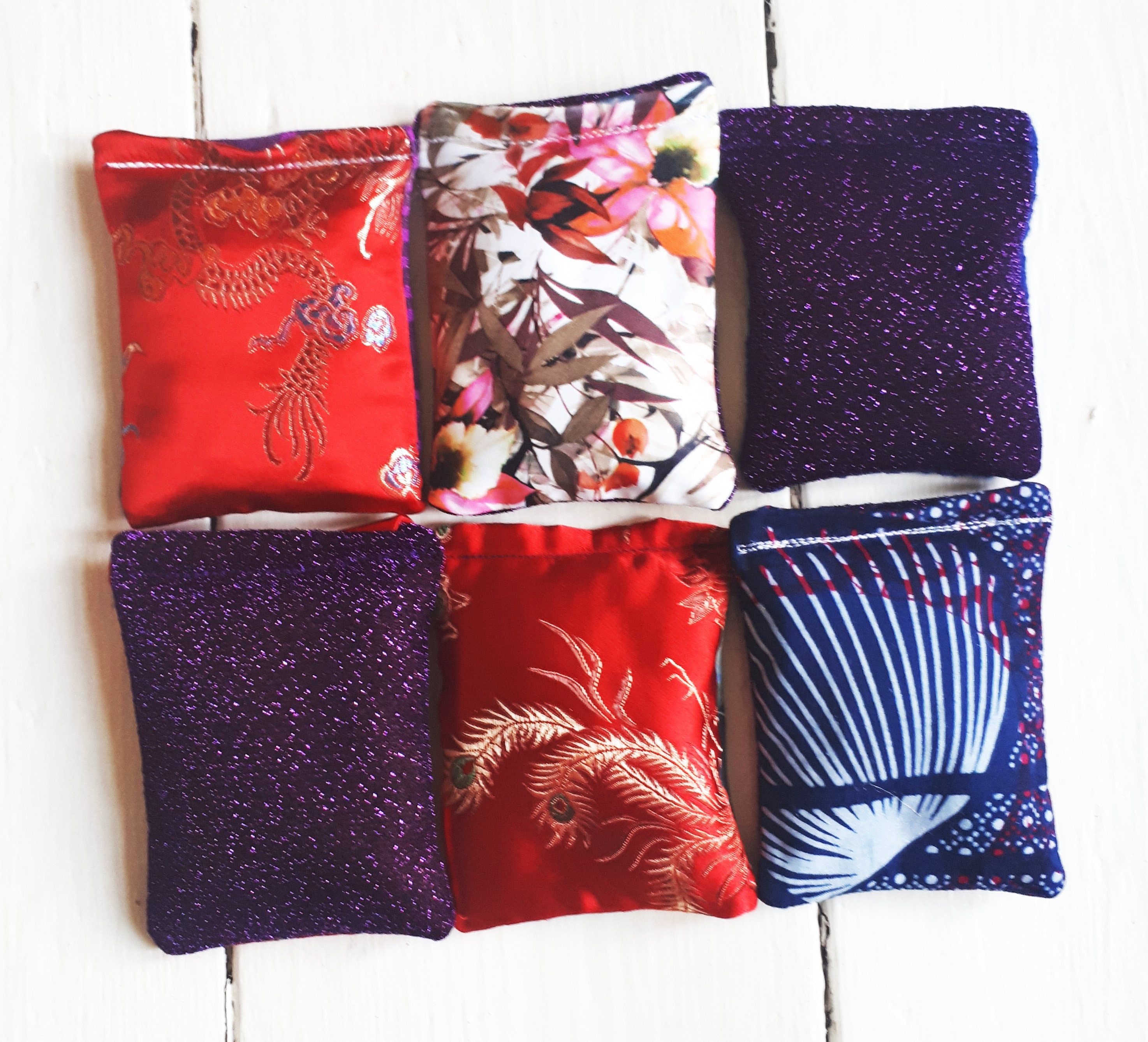 X3 Handmade Red / Purple Small Bean Bags Made From Recycled Fabric ...