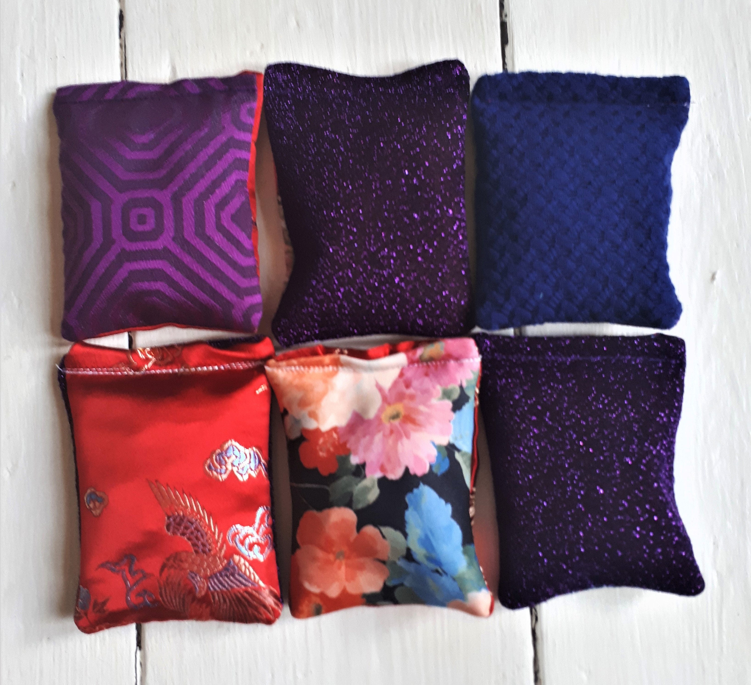 X3 Handmade Red / Purple Small Bean Bags Made From Recycled Fabric ...