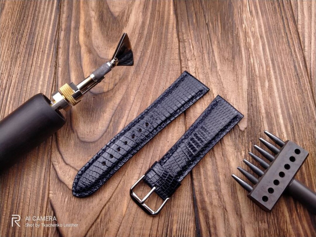 ANY MODIFICATION Navy Lizard Bespoke Leather Band, Only Hand Stitching ...