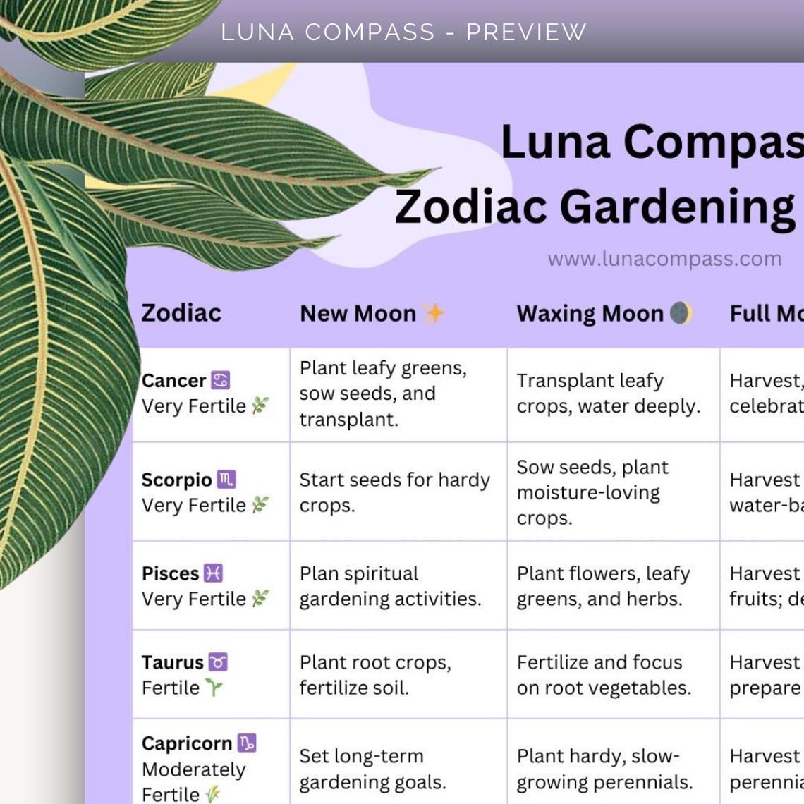 Planting by the Signs – Lunar and Zodiac Moon Phase Chart Printable PDF ...