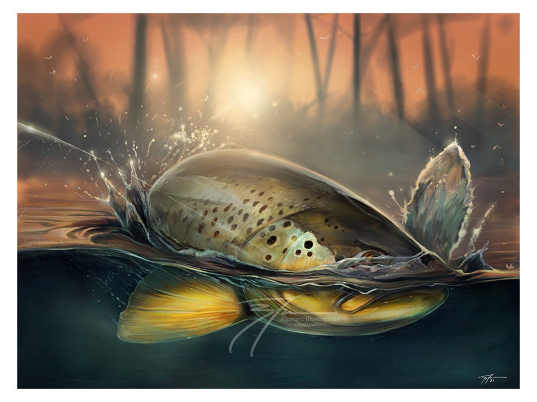 Rising to Chaos | Brown Trout Digital Painting | Giclee Prints | Fly ...