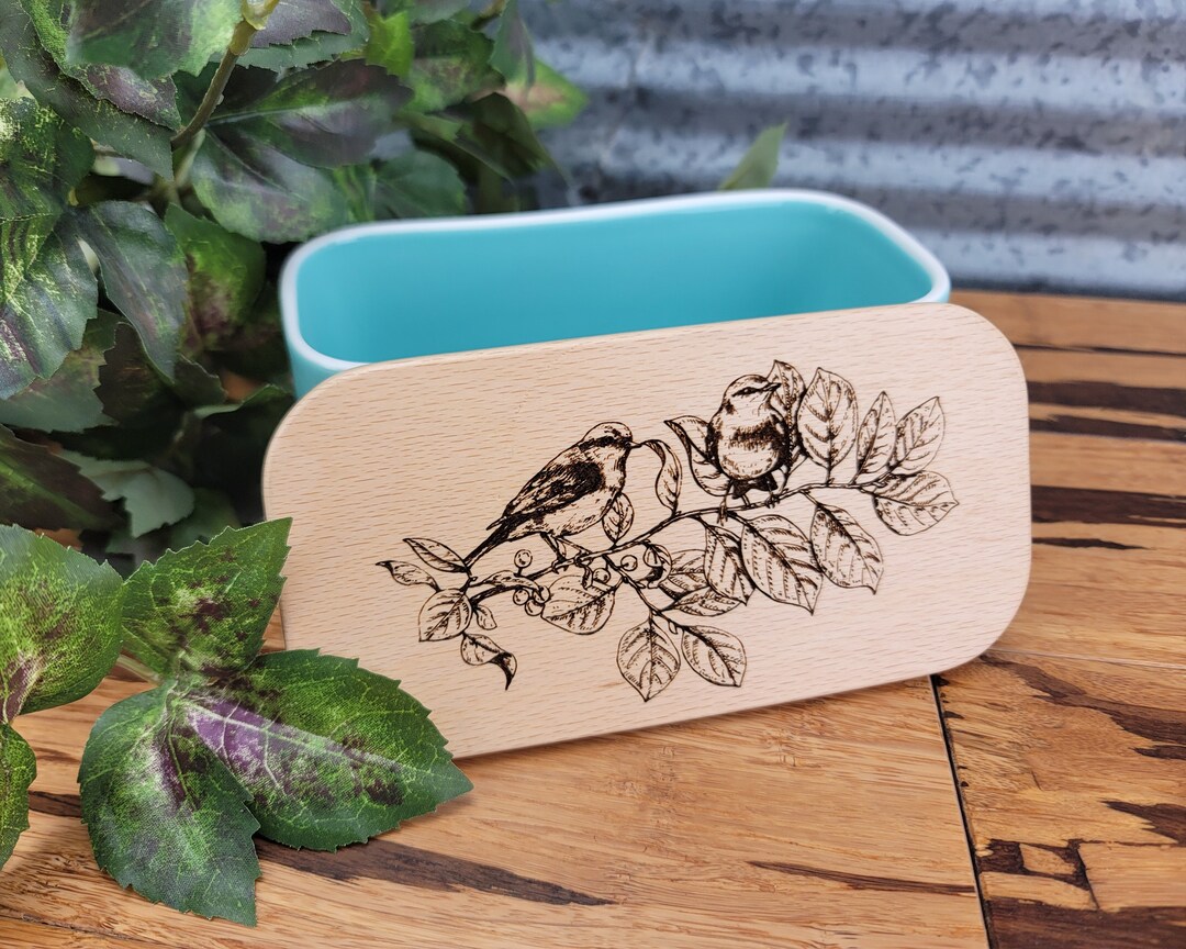 Pixidoodle® Custom Engraved Bird Watcher Large Butter Dish With Wood ...
