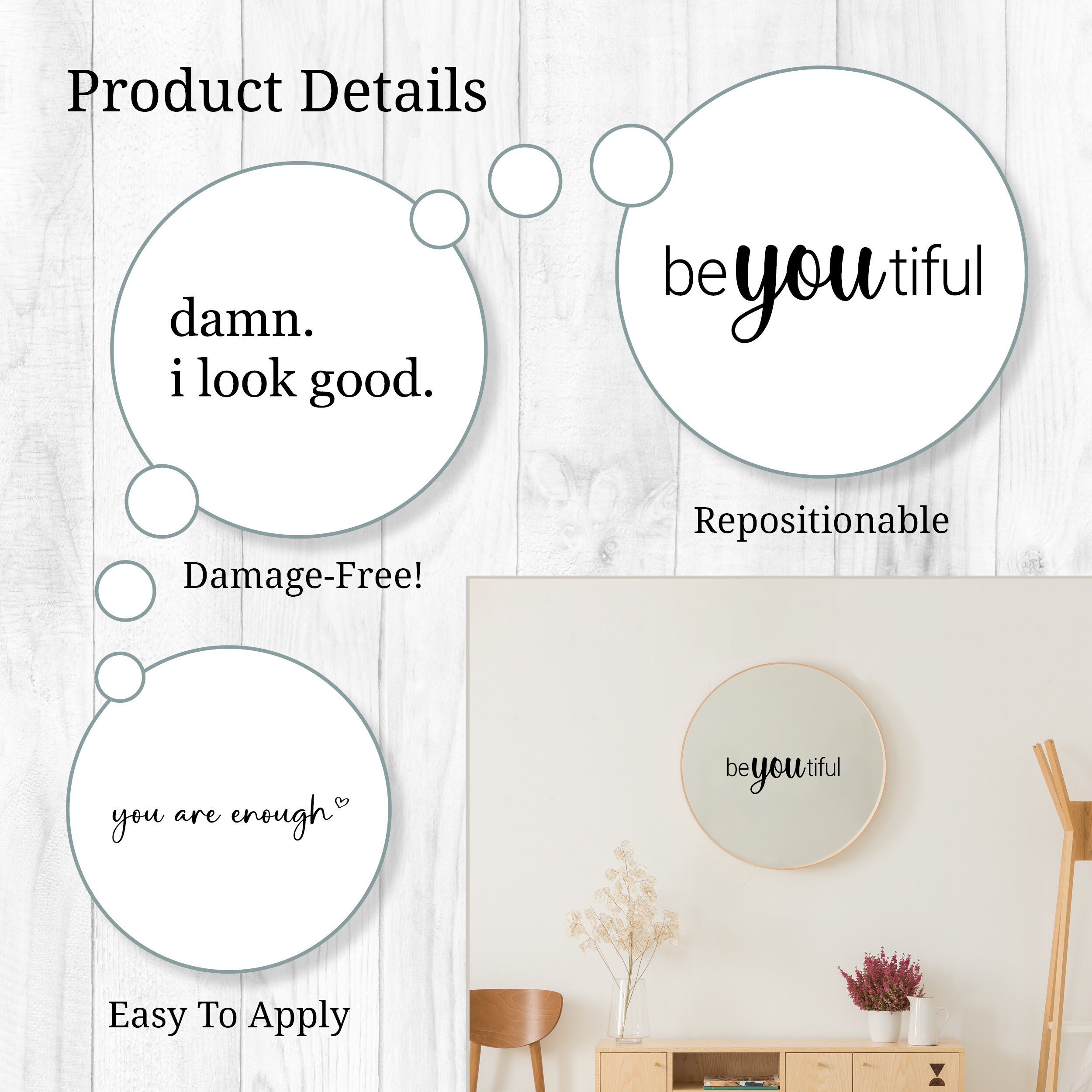 Affirmation Mirror Decals 6 Black Vinyl Quotes You Look Amazing Hello ...