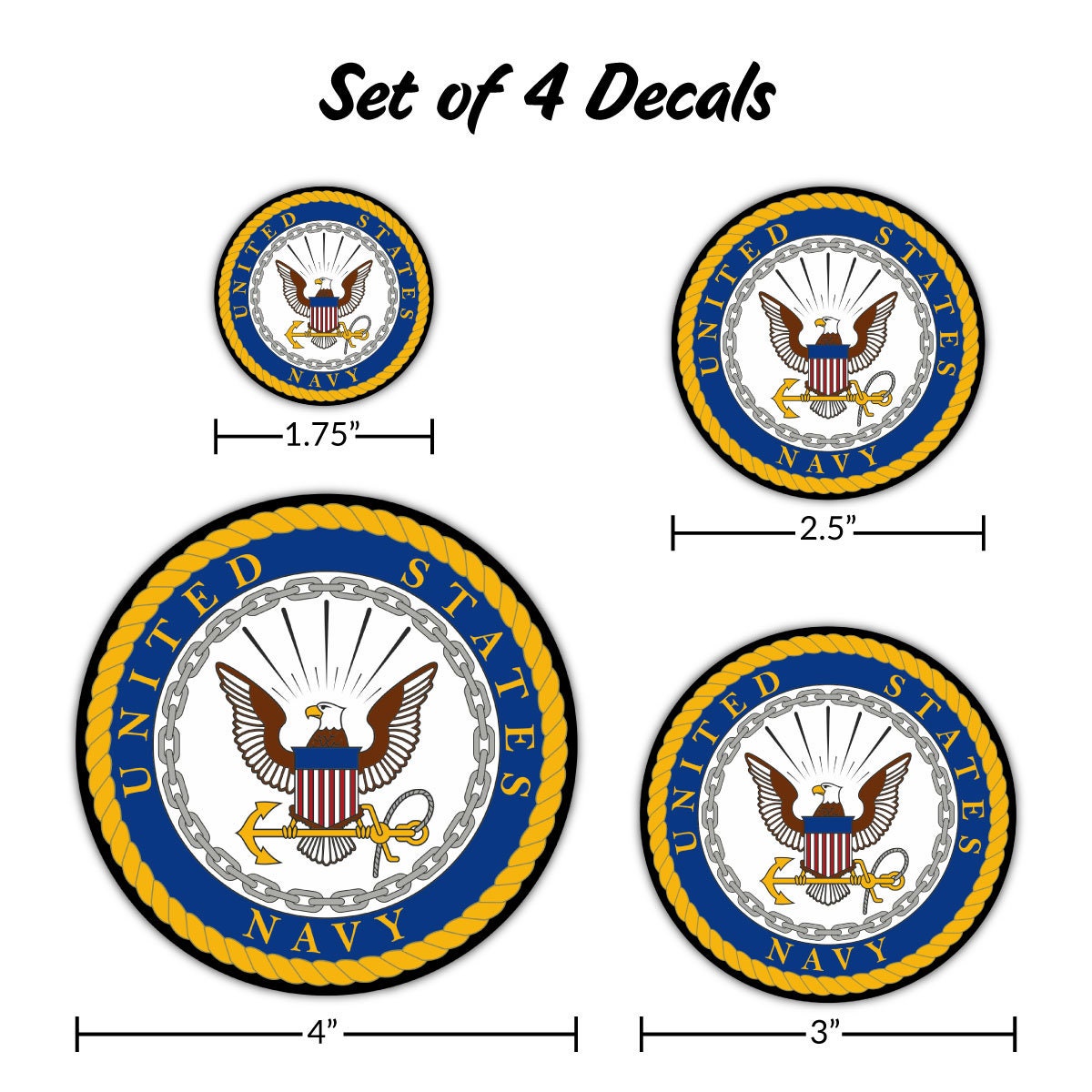 Set of 4 US Navy Logo Decals - USN Licensed Military Car Stickers for ...