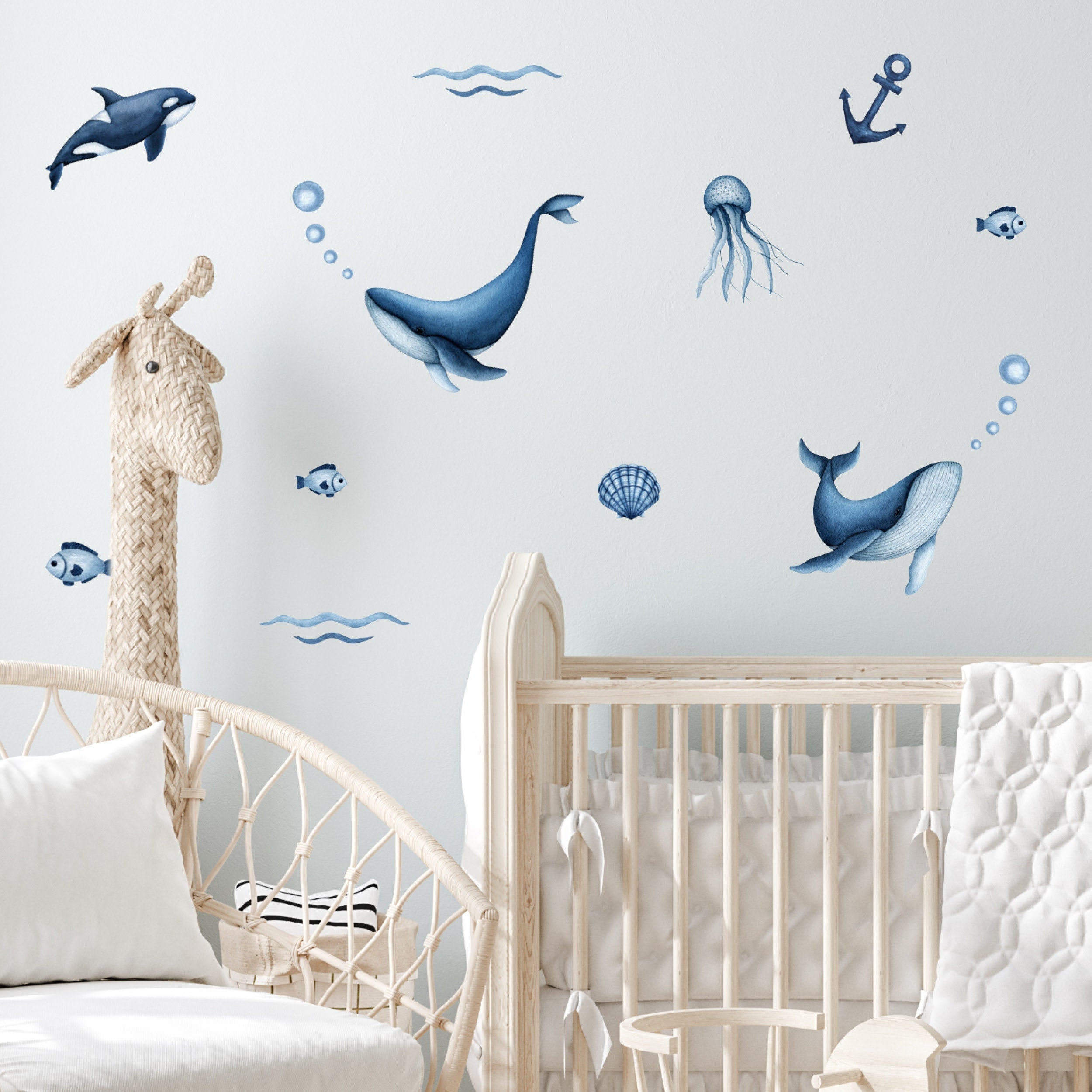 Watercolor Whale Wall Decals Set of Ocean Stickers Removable Peel and ...