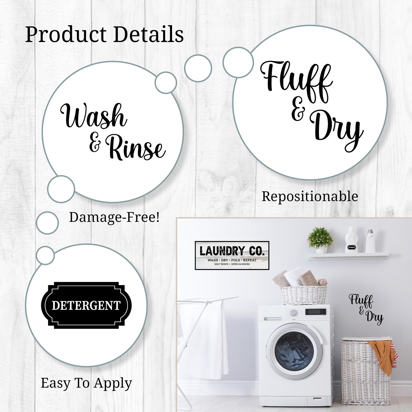 Laundry Room Washer Dryer Wall Decals - Laundry Co. Wash Dry Fold Repeat Sign Vinyl Stickers ...