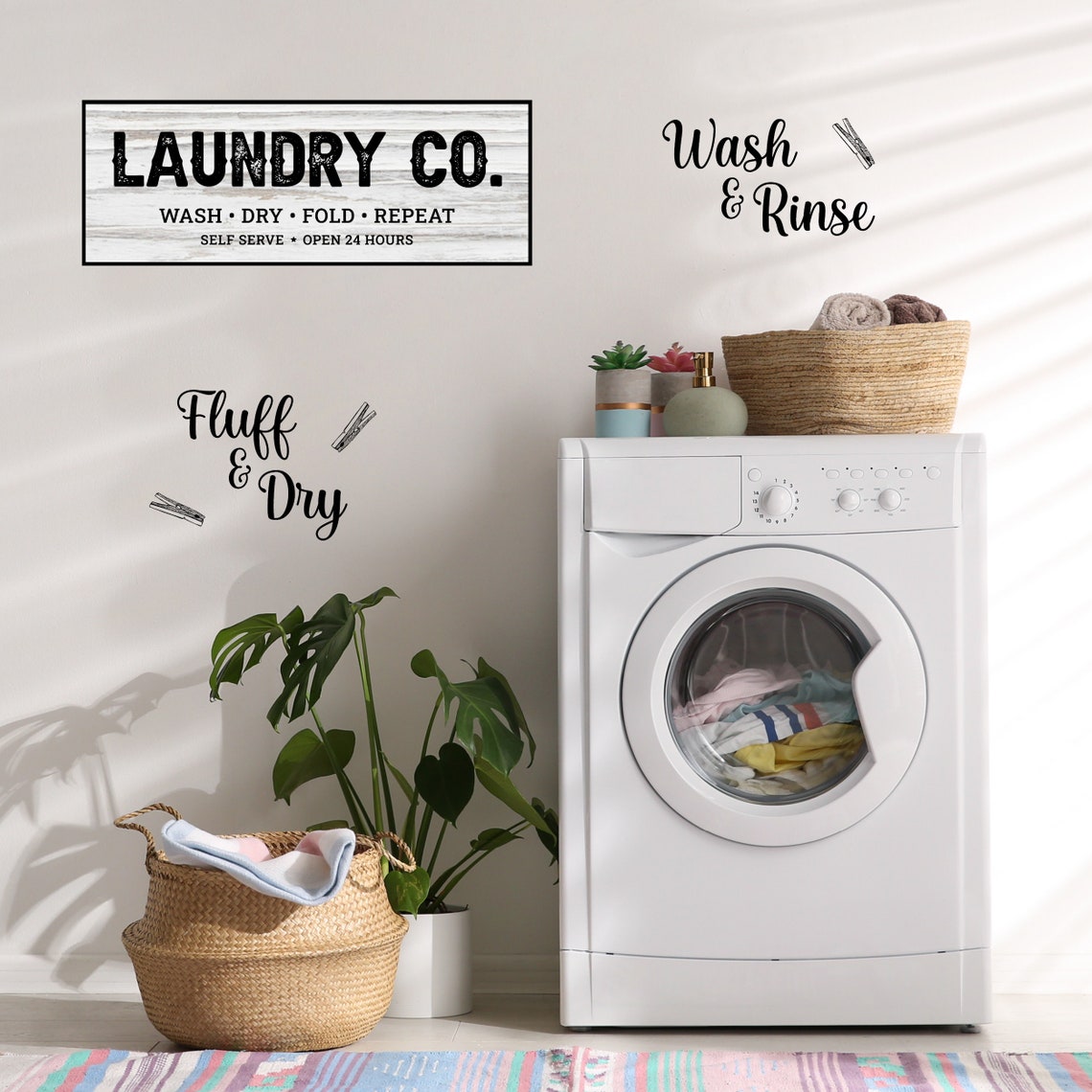 Laundry Room Washer Dryer Wall Decals Laundry Co. Wash Dry Fold Repeat Sign Vinyl Stickers Wash ...