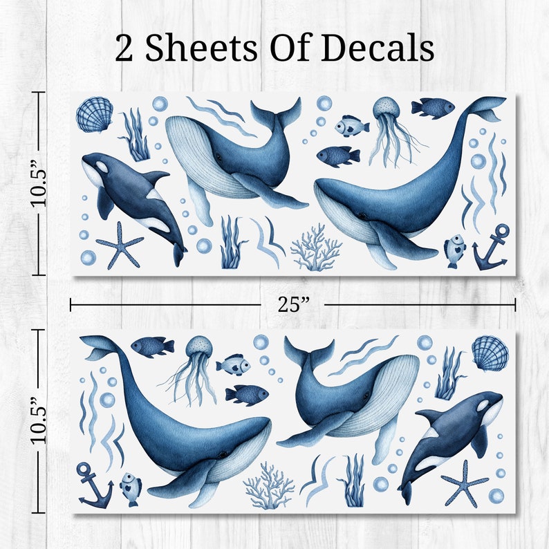 Watercolor Whale Wall Decals - Set of Ocean Stickers Removable Peel and ...