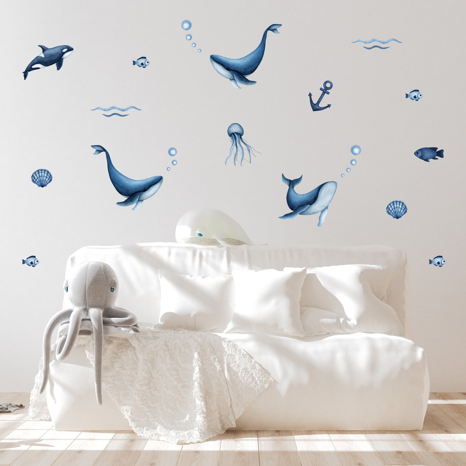 Watercolor Whale Wall Decals - Set of Ocean Stickers Removable Peel and ...