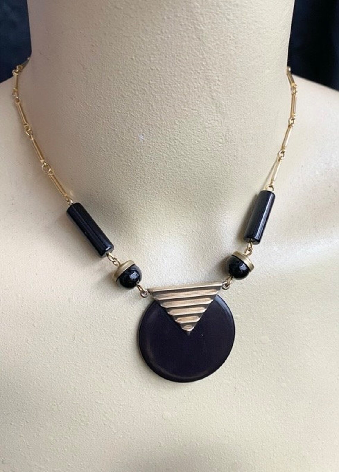 Art Deco Necklace Vintage Black Bakelite & Gold Tone Geometric Necklace ...