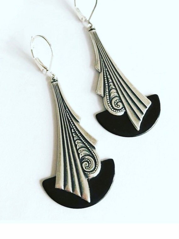 Art Deco Earrings Vintage Art Deco Chic Black Bakelite and Silver Plated Geometric Fan Earrings Bakelite Modernist Earrings Etsy