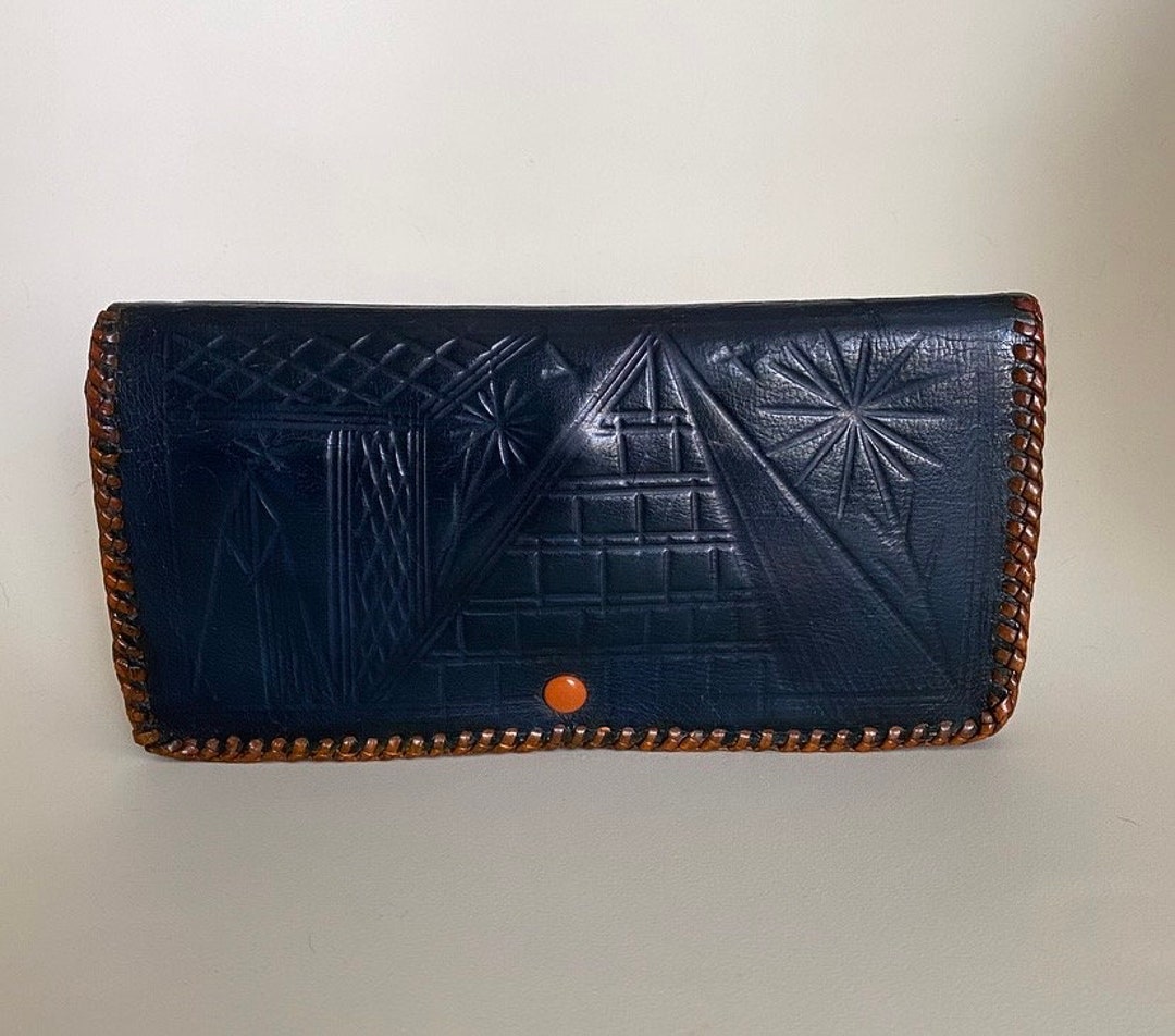 Antique Art Deco 1930s Egyptian Revival Style Navy Blue &orange Leather ...