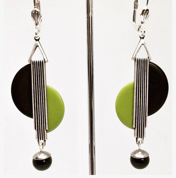 Art Deco Earrings Vintage Art Deco Olive Green Black Bakelite Chrome Earrings Modernist Jazz Age Bakelite Earrings Etsy