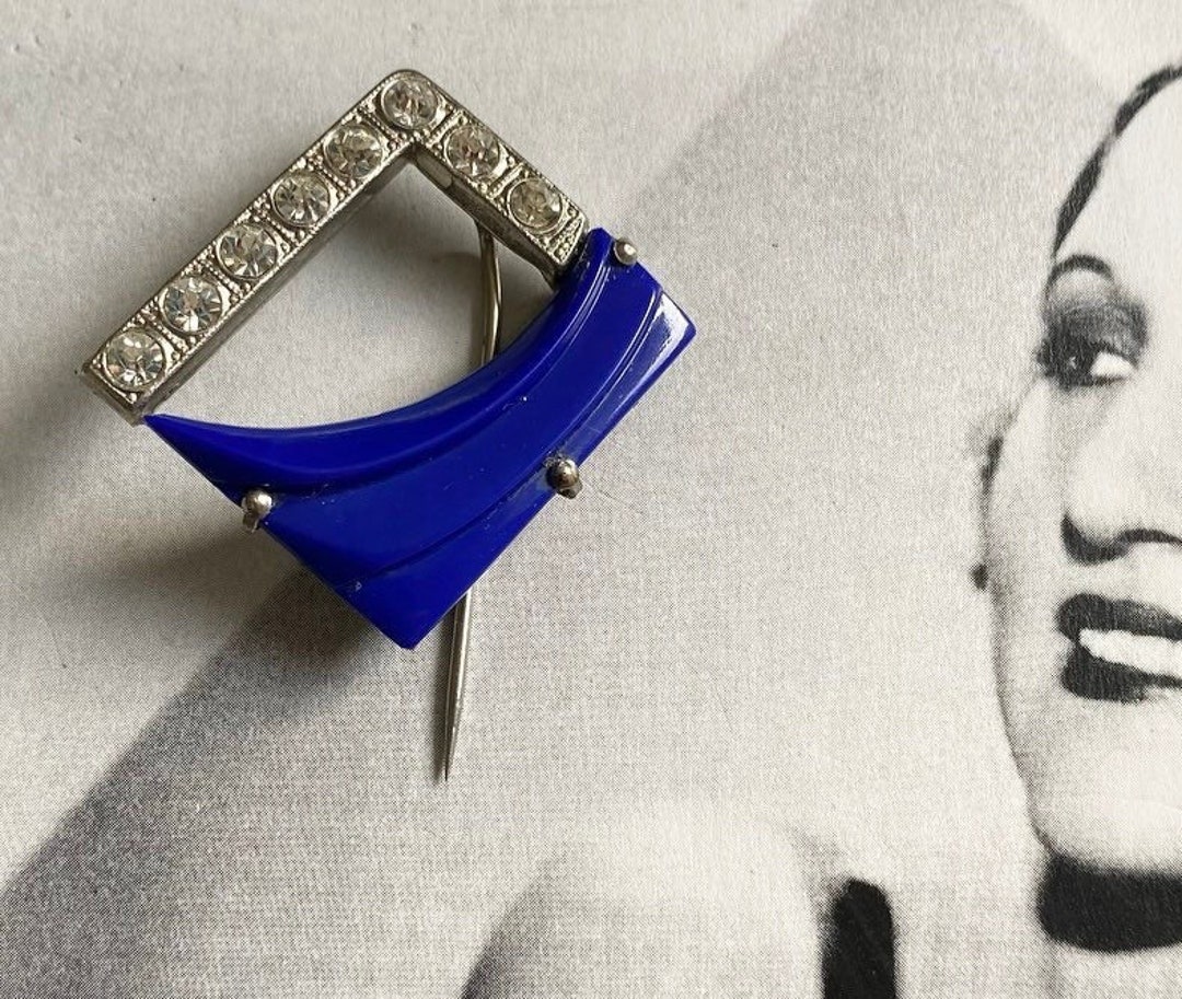 Art Deco Antique 1930s Vintage Geometric Blue Glass & Pavé Rhinestones Stick Pin Brooch - Etsy
