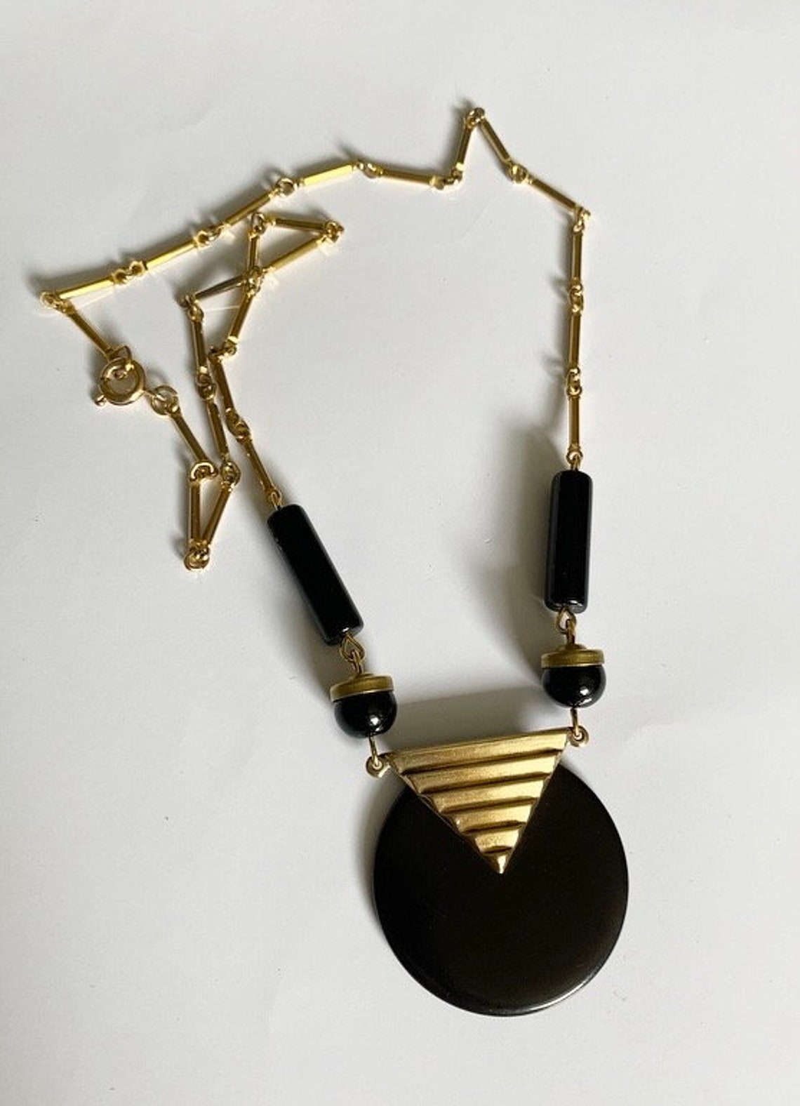 Art Deco Necklace Vintage Black Bakelite & Gold Tone Geometric Necklace ...