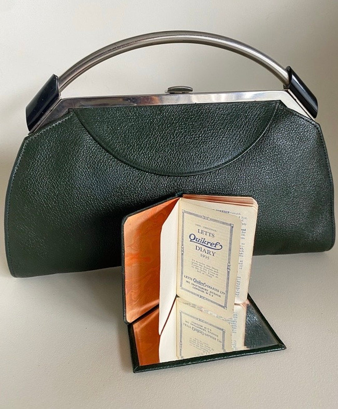 Antique Art Deco 1930s Chrome Bakelite & Dark Green Leather Clutch ...