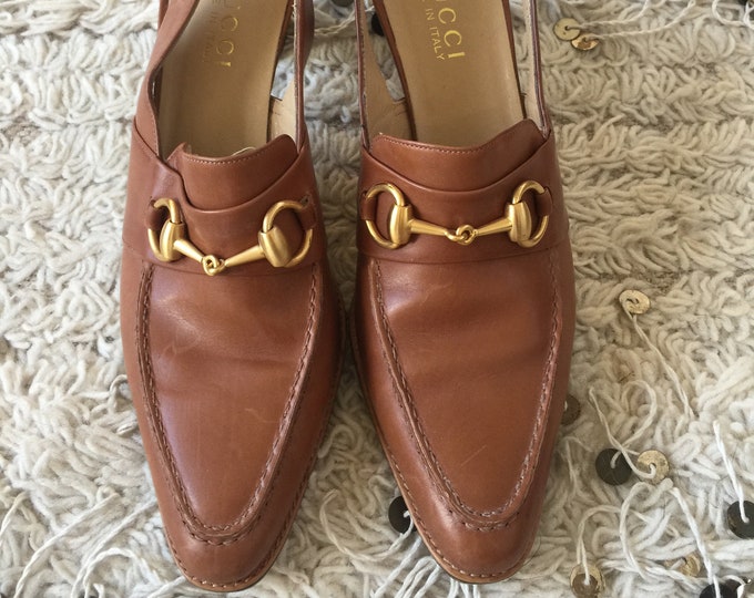 Vintage 90's GUCCI GG Monogram Brown Leather Metal Horsebit Mules ...