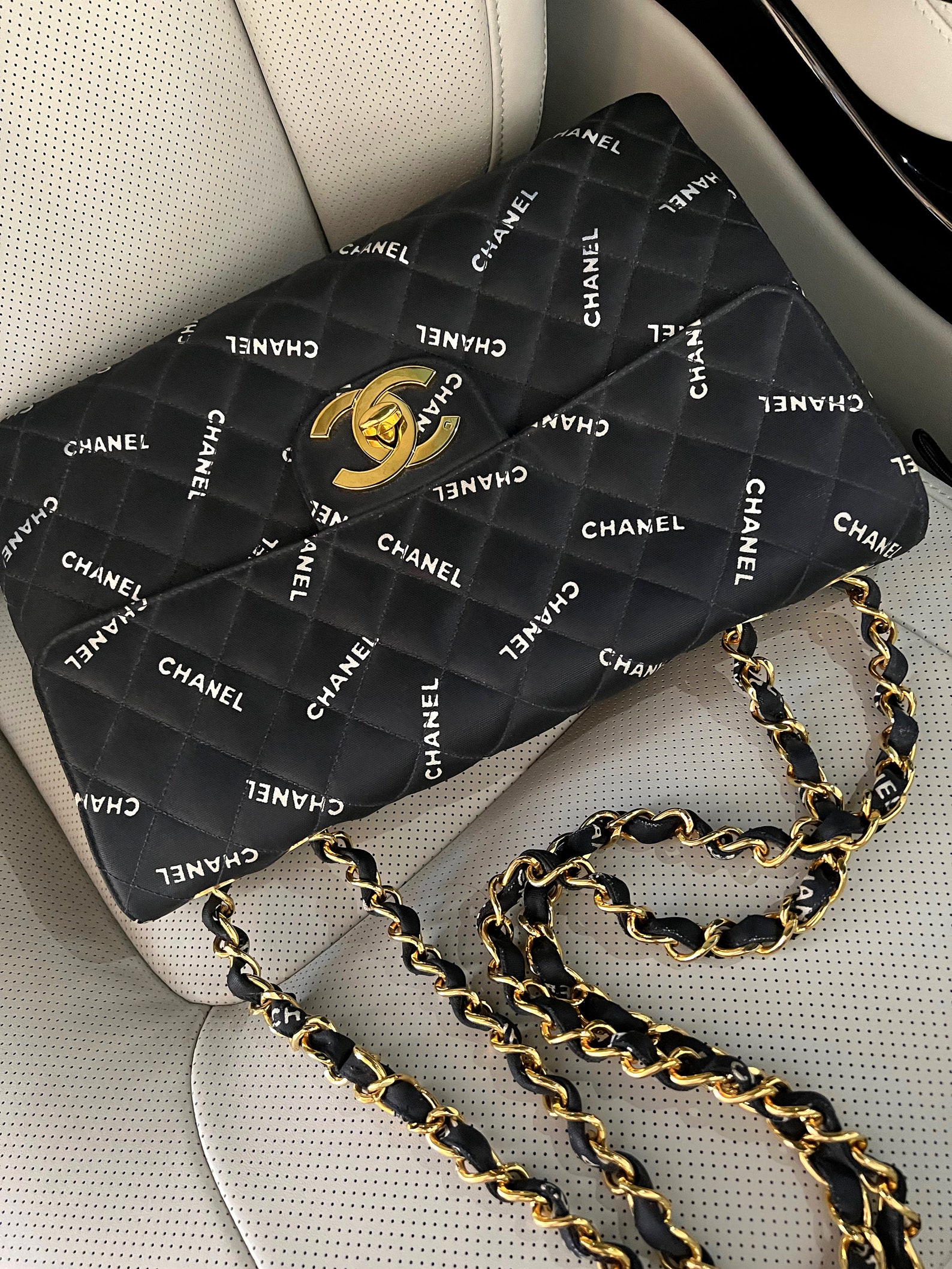 Vintage 90's CHANEL Jumbo Letters Script Maxi CC Logos Monogram Black ...