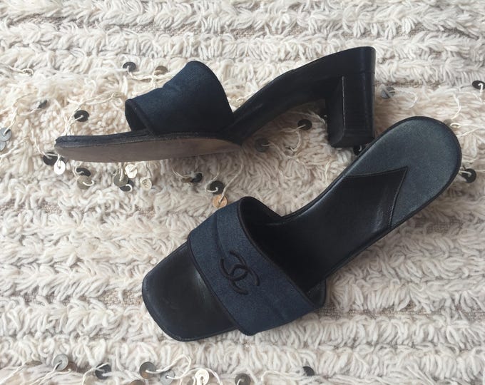 Vintage CHANEL Denim CC Embroidered Logo Wood MULES Clogs Sandals Eu 39 ...