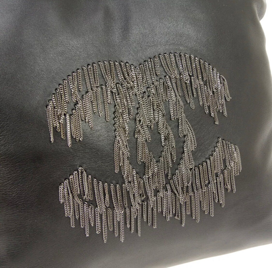 Vintage CHANEL Large CC Logo Monogram Chain Fringe Black Leather ...