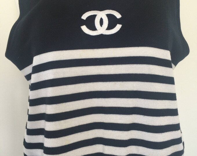 Vintage CHANEL CC Logo Embroidered Stripe Knit Sweater Tank Top Shirt ...