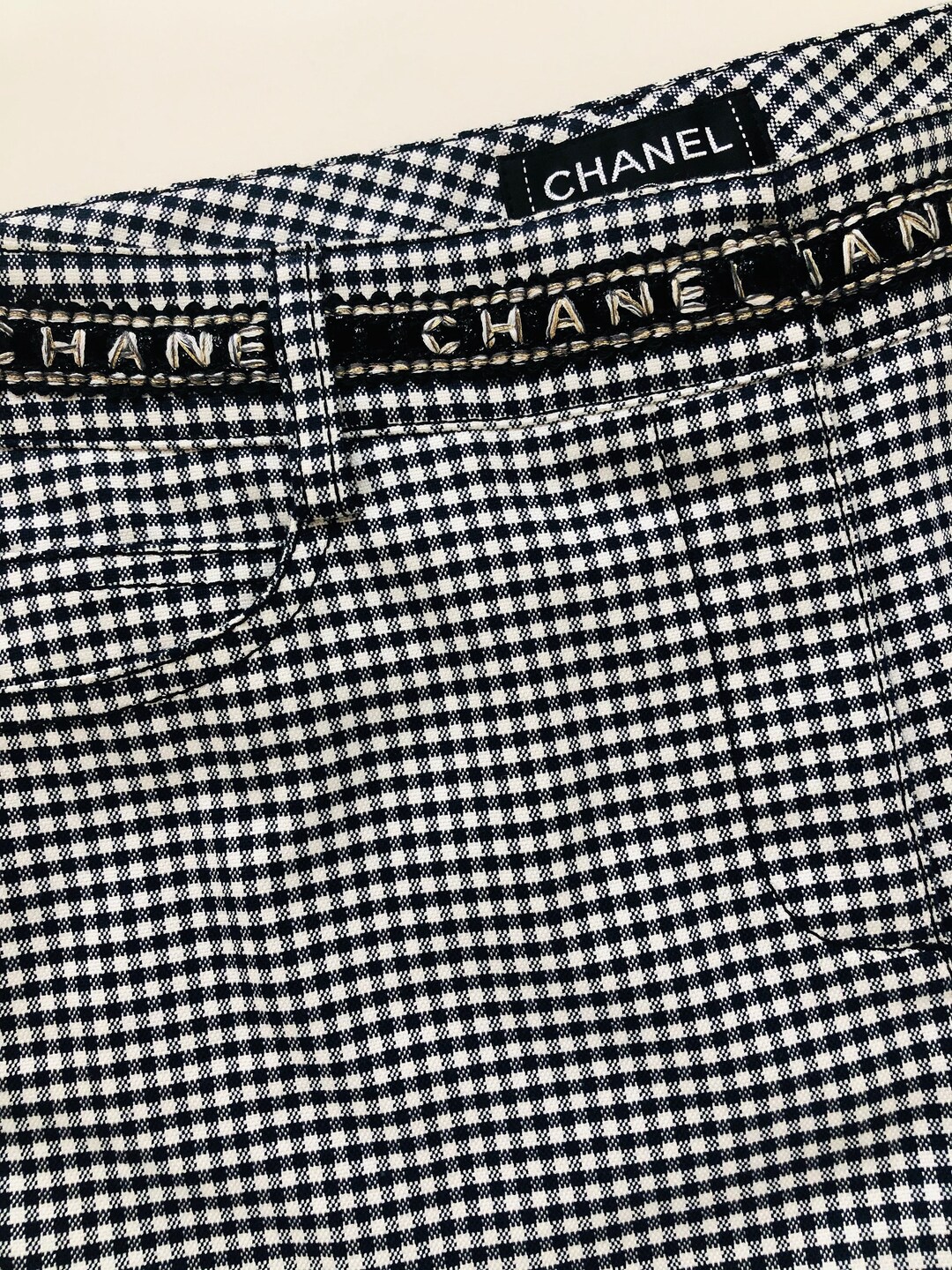 Vintage CHANEL Letter Logo Mania Black White Check GINGHAM Checker ...