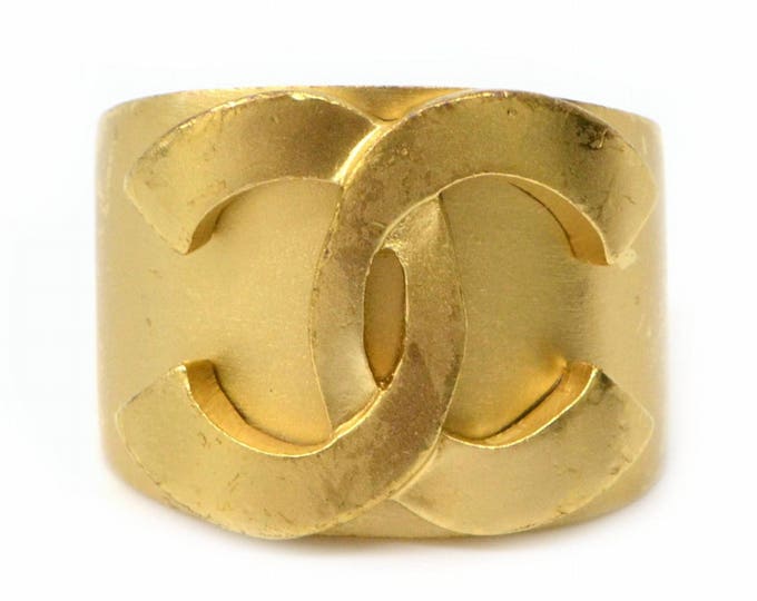 Vintage Chanel HUGE CC Coco Logo Wide Ring Gold Plated France Cocktail ...