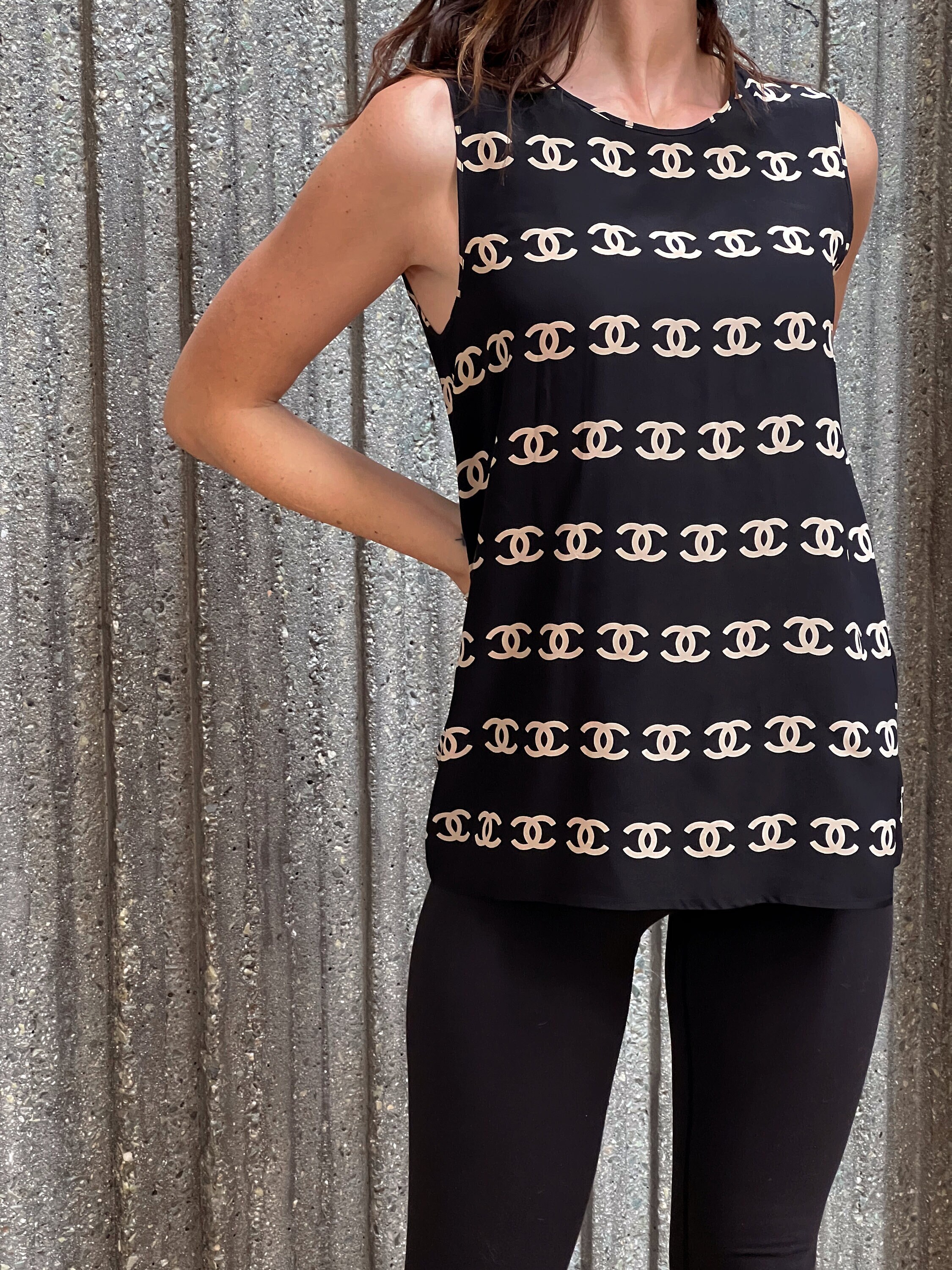 Vintage 90s CHANEL Monogram CC Logo Print SILK Black Beige Tank Top ...