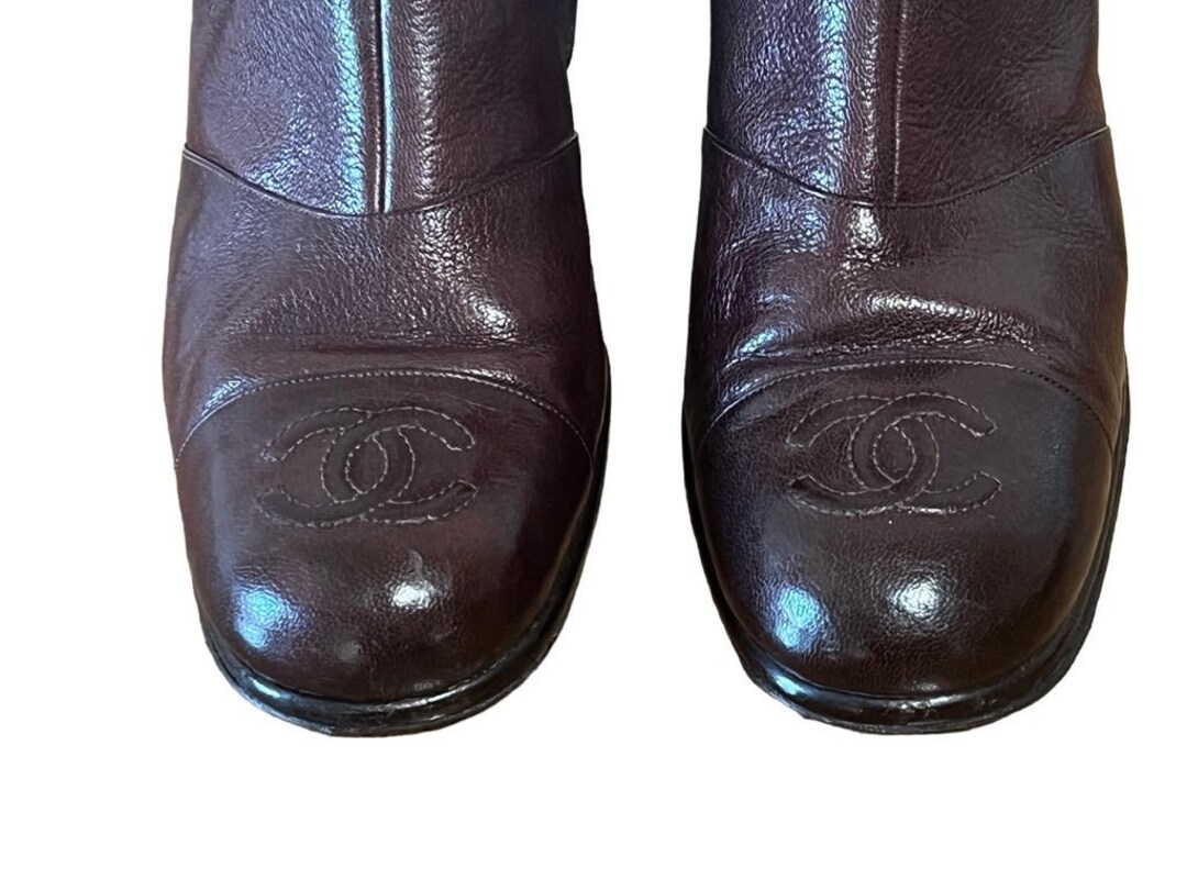 Vintage CHANEL Huge CC Logo Monogram BROWN Leather Boots Booties Moto ...