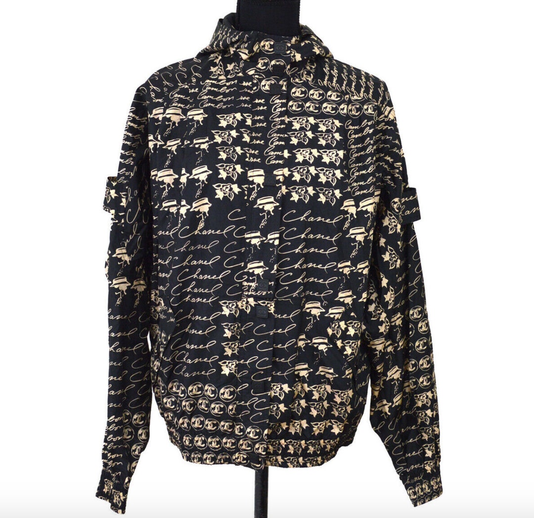 Vintage CHANEL Monogram Logo CC ICONS Mademoiselle Black Silk Jacket ...