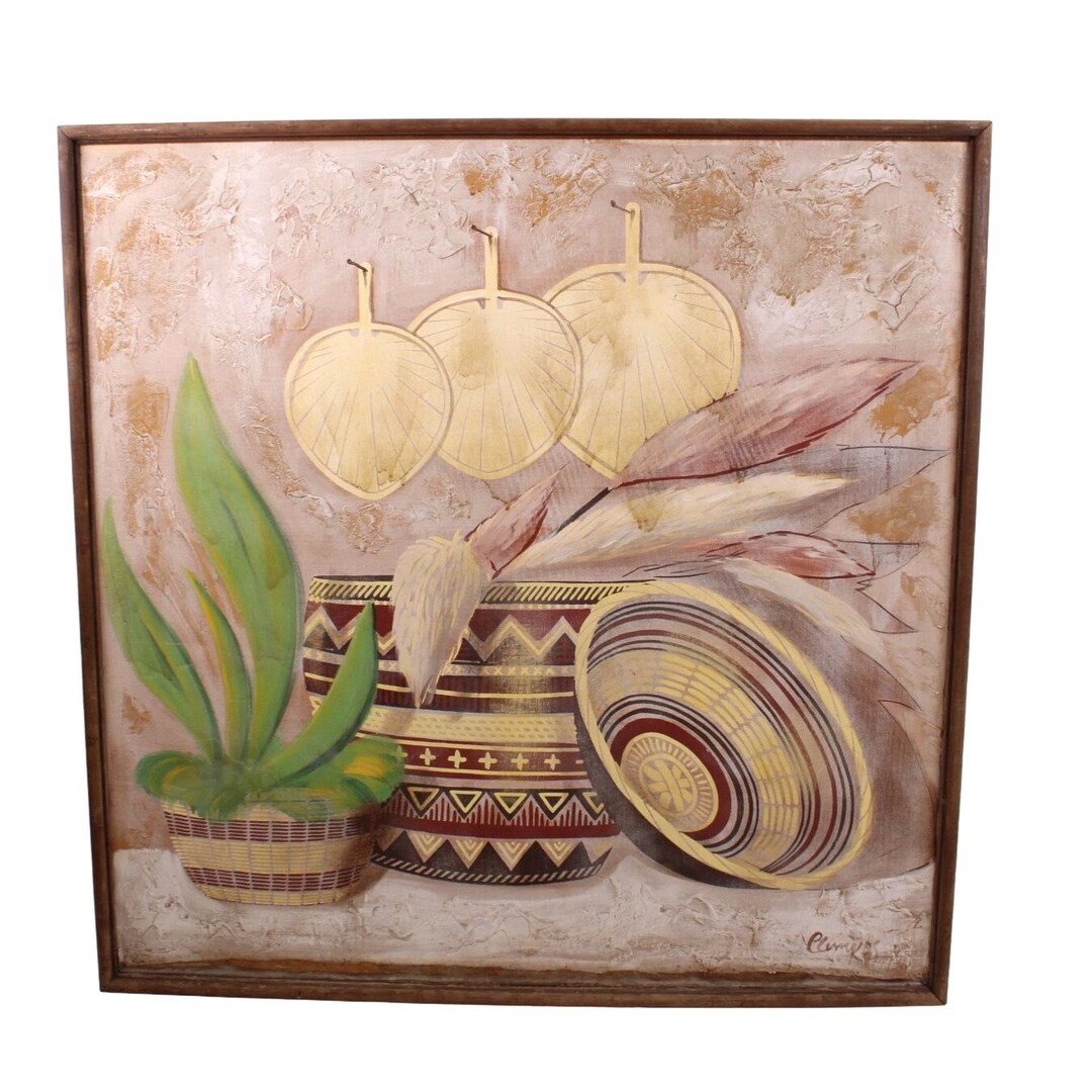 Mid Century South Western Pottery Scene Oil Painting Signed Illegible ...