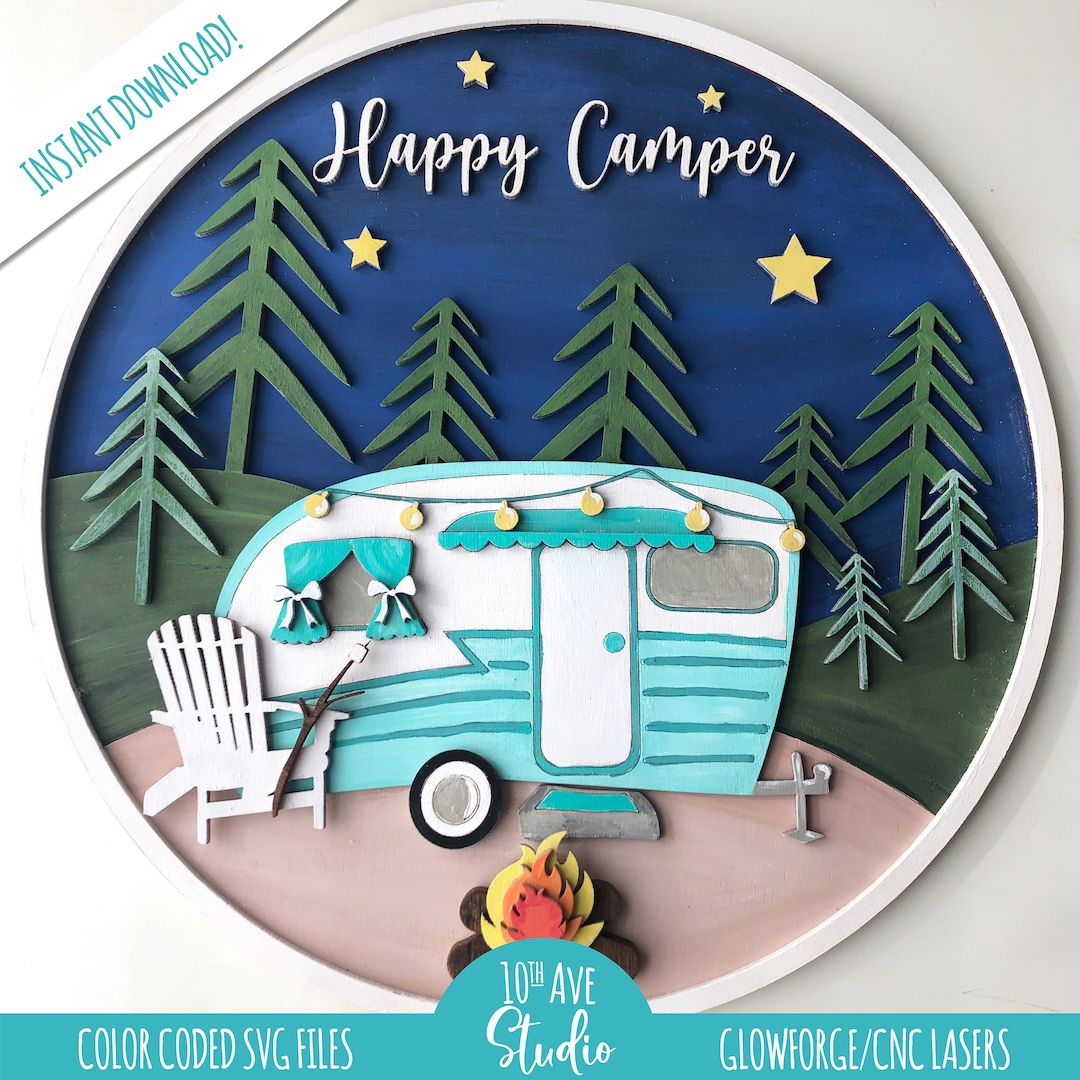Happy Camper 3 Layer 3D Round Sign With Frame SVG Files for Glowforge ...