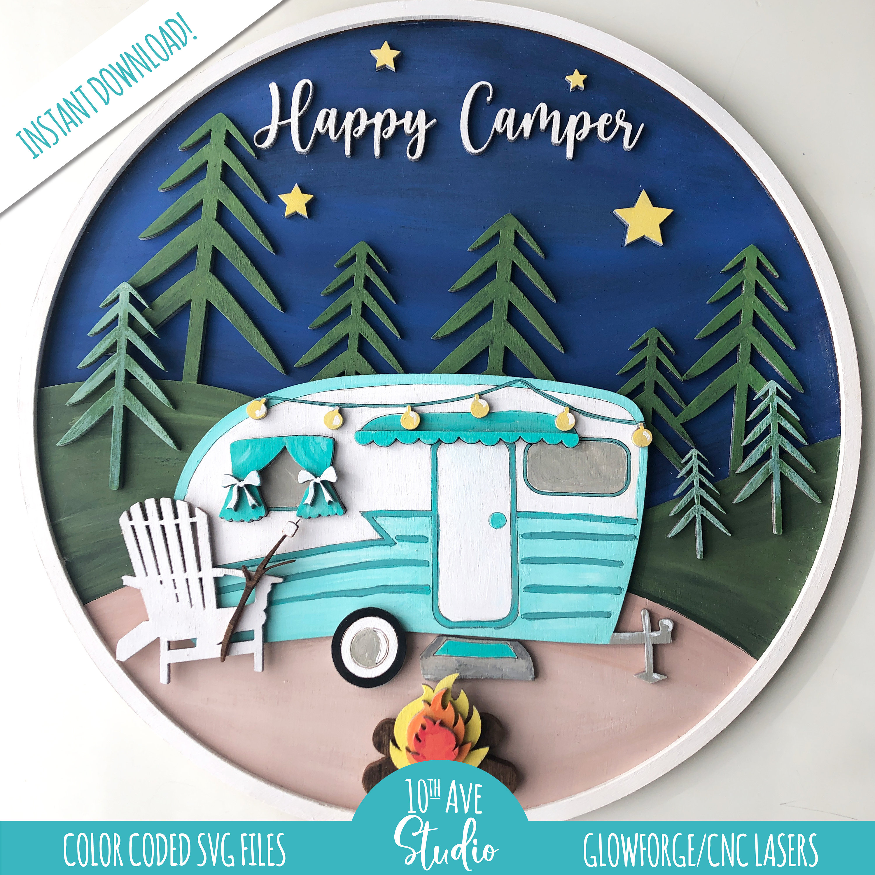 Happy Camper 3 Layer 3d Round Sign With Frame Svg Files For Etsy Uk