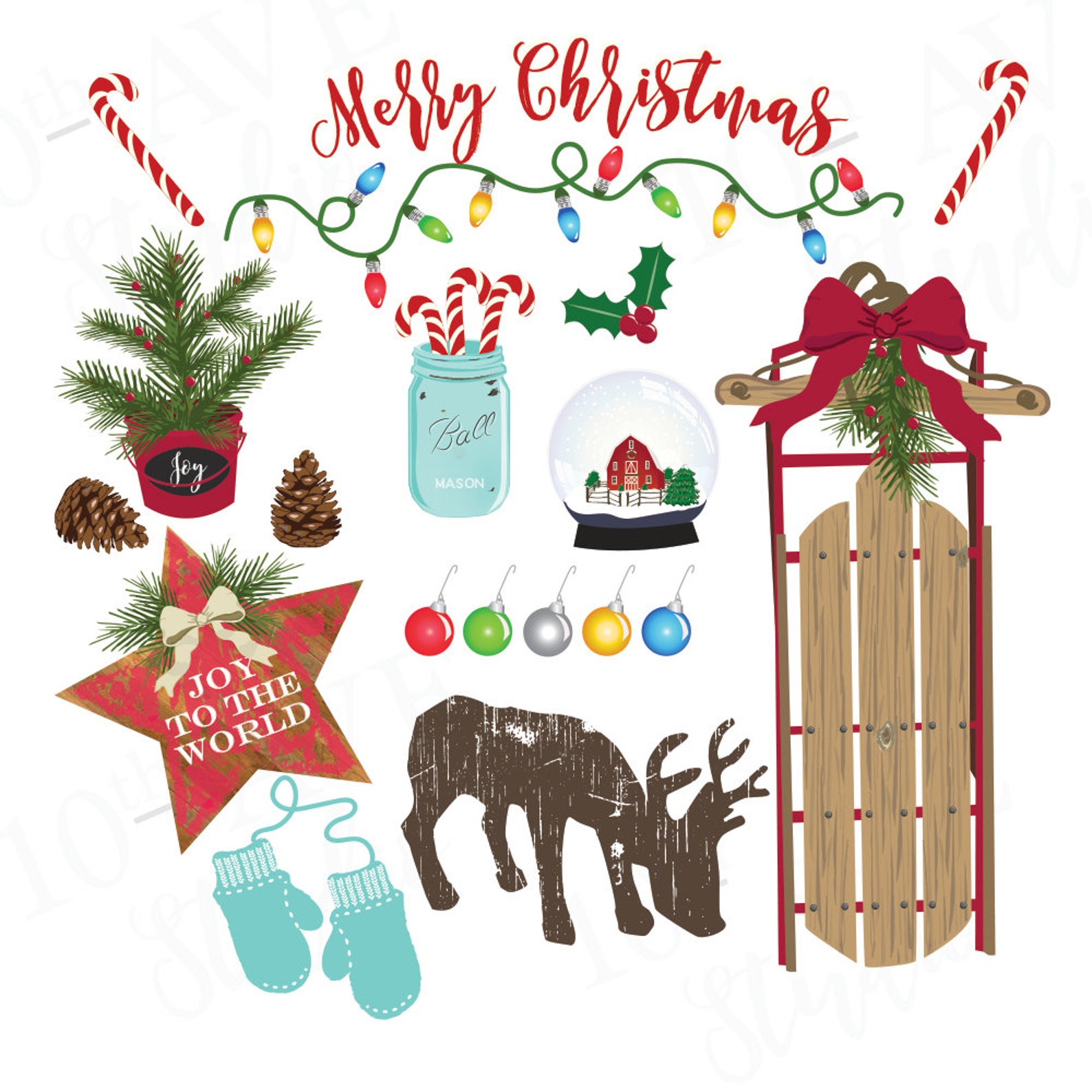 Farmhouse Christmas Vector Graphics Clipart Collection | Etsy