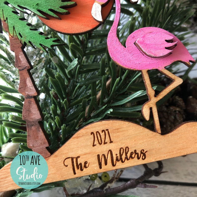 Personalized Christmas Flamingo on Beach Layered Holiday Ornament SVG ...