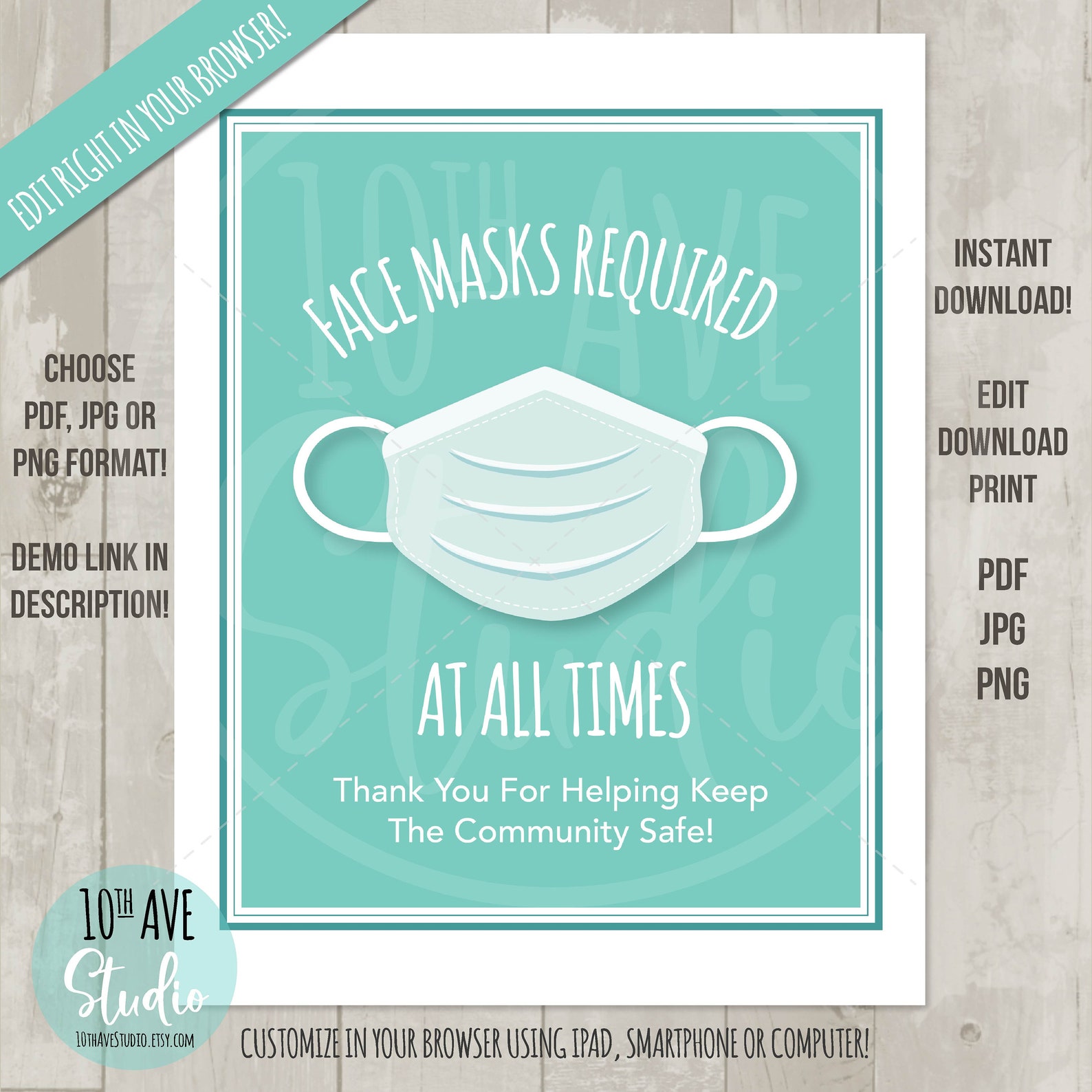Face Masks Required Printable Sign 8.5 X 11 Edit - Etsy