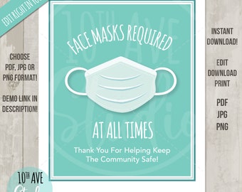 Face Masks Required Printable Sign 8.5 X 11 Edit | Etsy