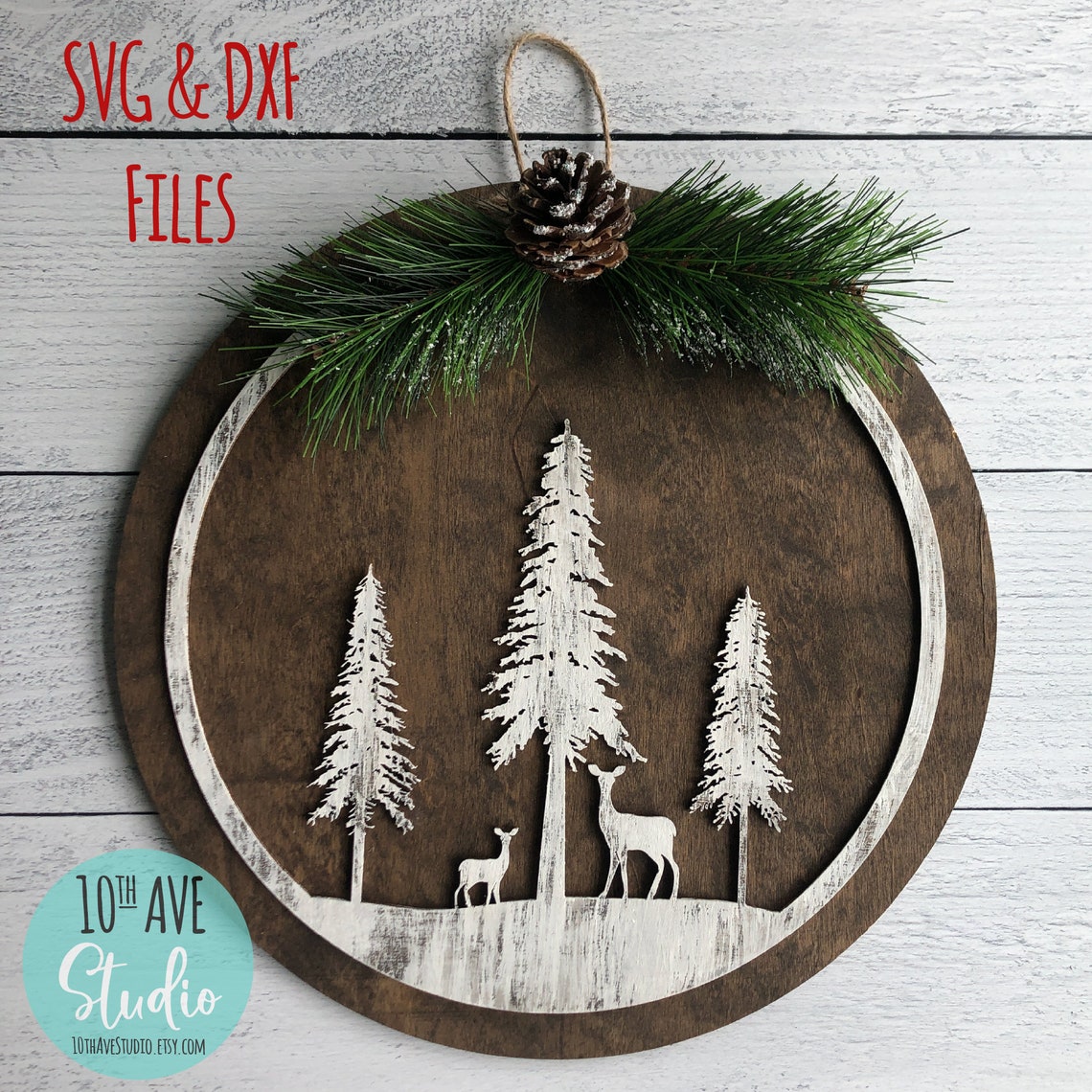 Three Alpine Evergreen Trees With Deer Round Includes Backer SVG and ...