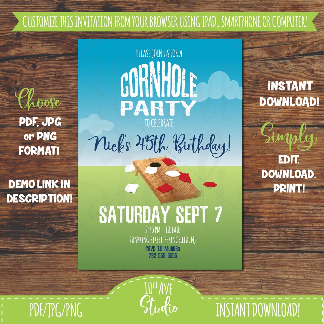 Cornhole Party Invitation (5"x7")! Edit in Your Browser, Download and ...