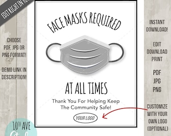 Face Masks Required Printable Sign 8.5 X 11 Edit | Etsy