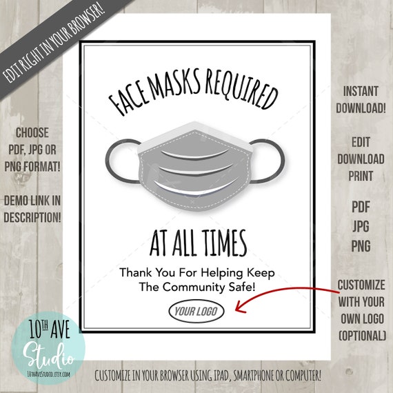 Face Masks Required Printable Sign 8.5 X 11 Edit | Etsy