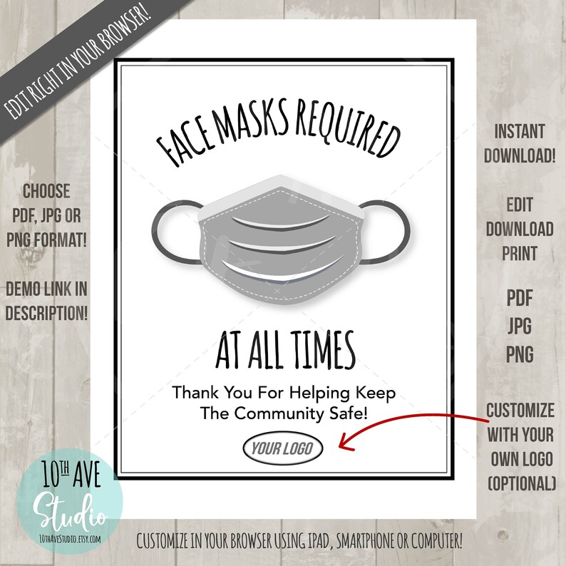 Face Masks Required Printable Sign 8.5 X 11 Edit | Etsy