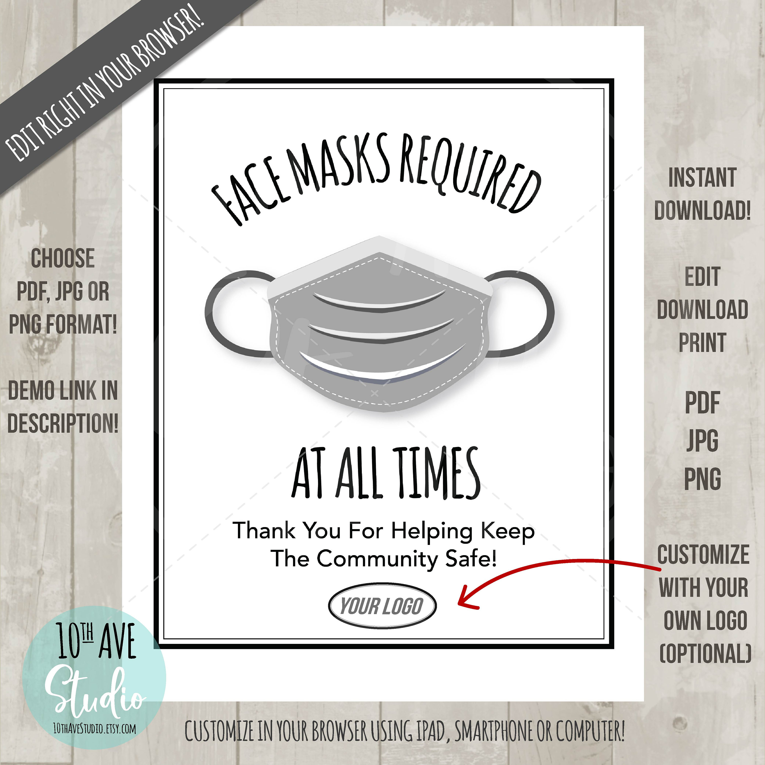 Face Masks Required Printable Sign 8.5" X 11" Edit in Your Browser ...