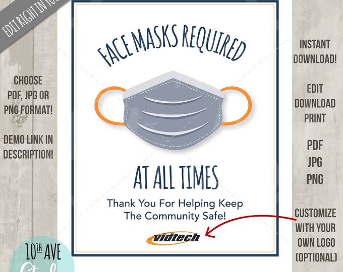 Face Masks Required Printable Sign 8.5" X 11" Edit in Your Browser ...