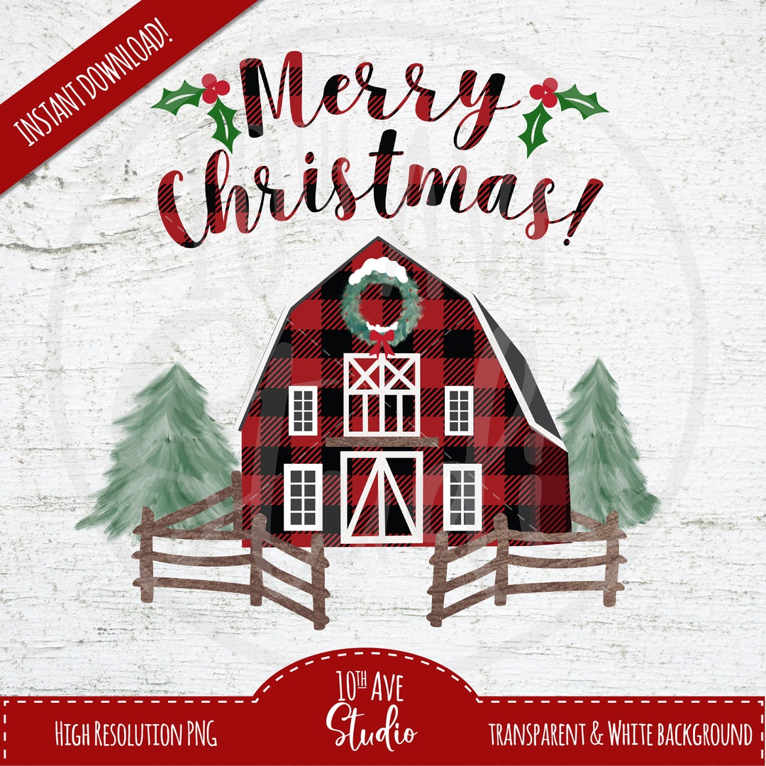 Buffalo Lumberjack Plaid Merry Christmas Barn With Watercolor Trees and ...